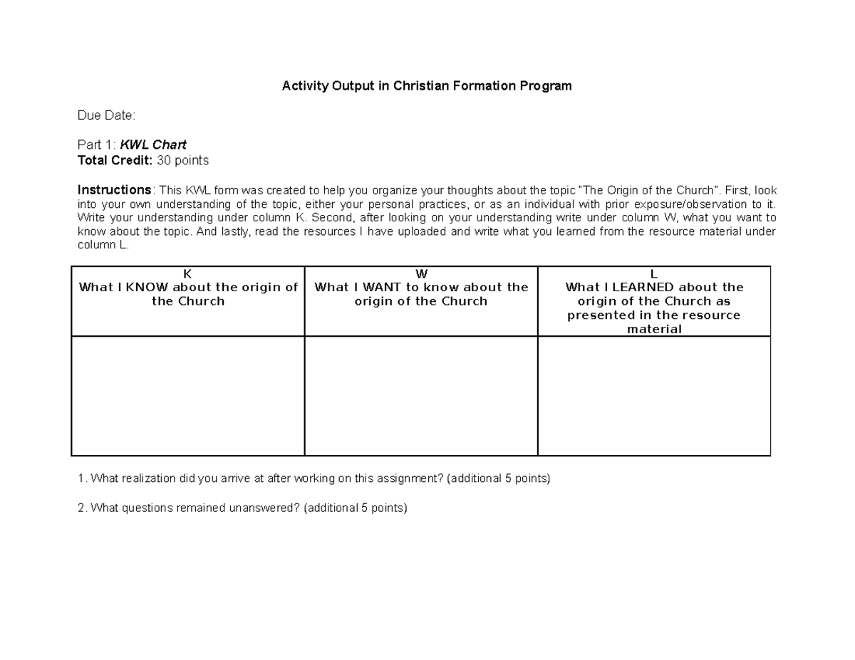Activity Output in Christian Formation Program - First, look into your ...