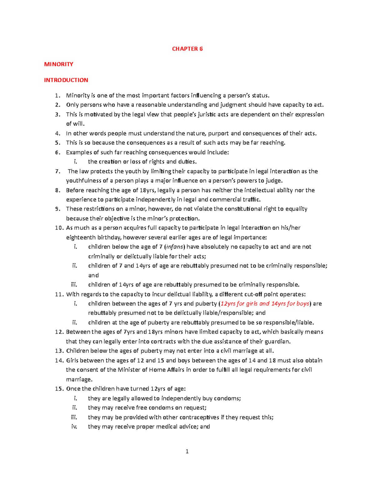 LAW OF Persons - Chapter 6 - CHAPTER 6 MINORITY INTRODUCTION Minority is one of the most ...