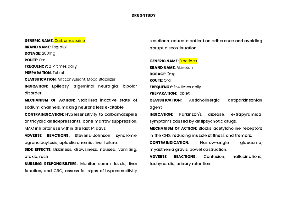 Overall Psych DRUG Study - GENERIC NAME: Carbamazepine BRAND NAME ...