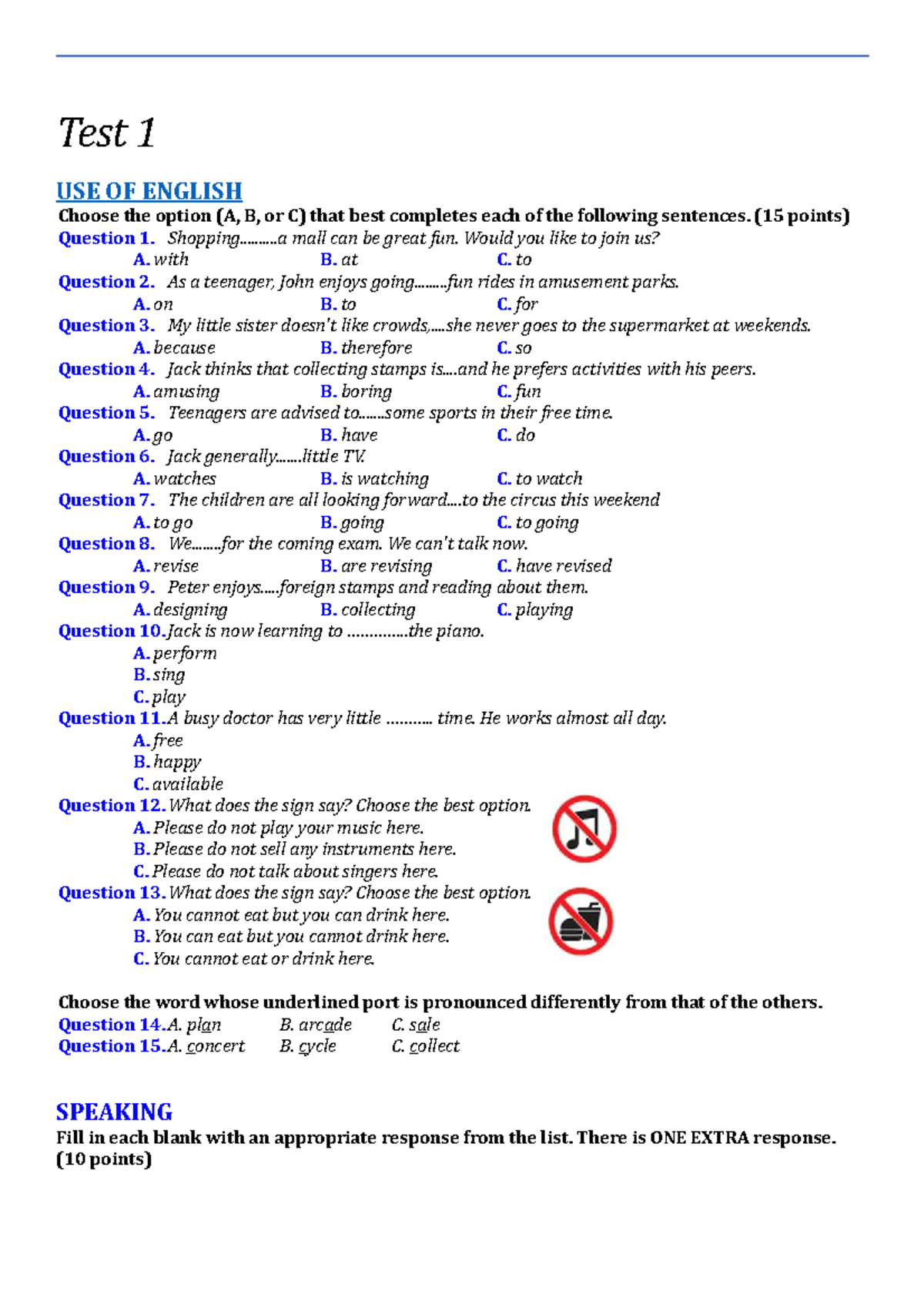 Test 1 - Test 1 for global success 10 - Test 1 USE OF ENGLISH Choose ...