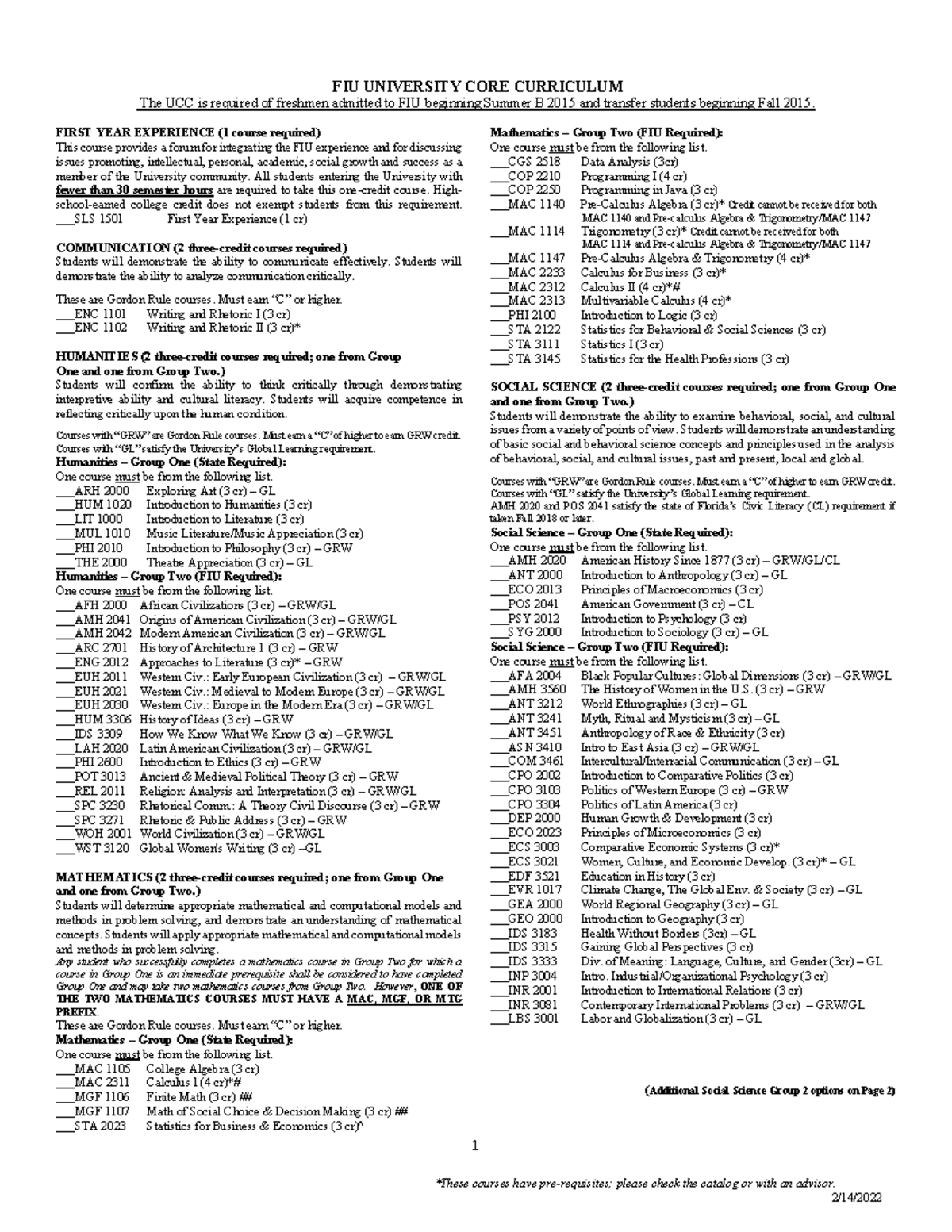 Httpsacs.fiu - Core curriculum paper - 1 *These courses have pre ...