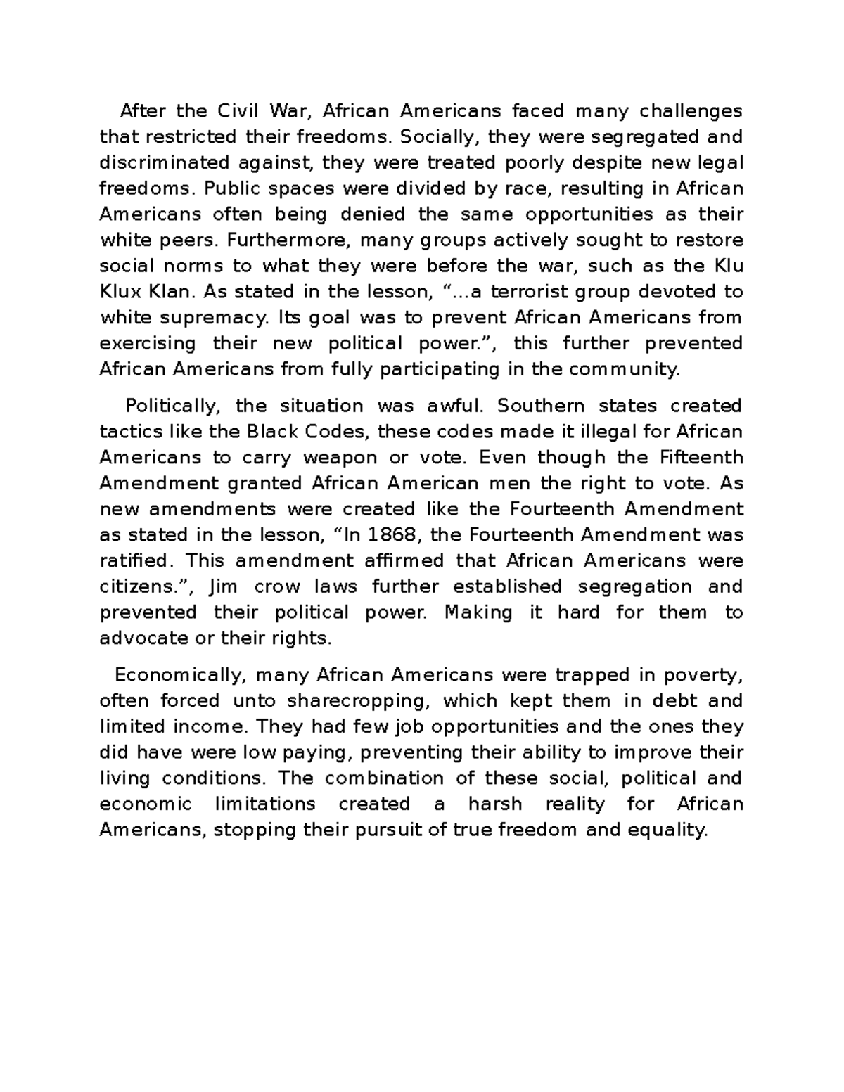 Face of Freedom 1.06 Assignment - After the Civil War, African ...