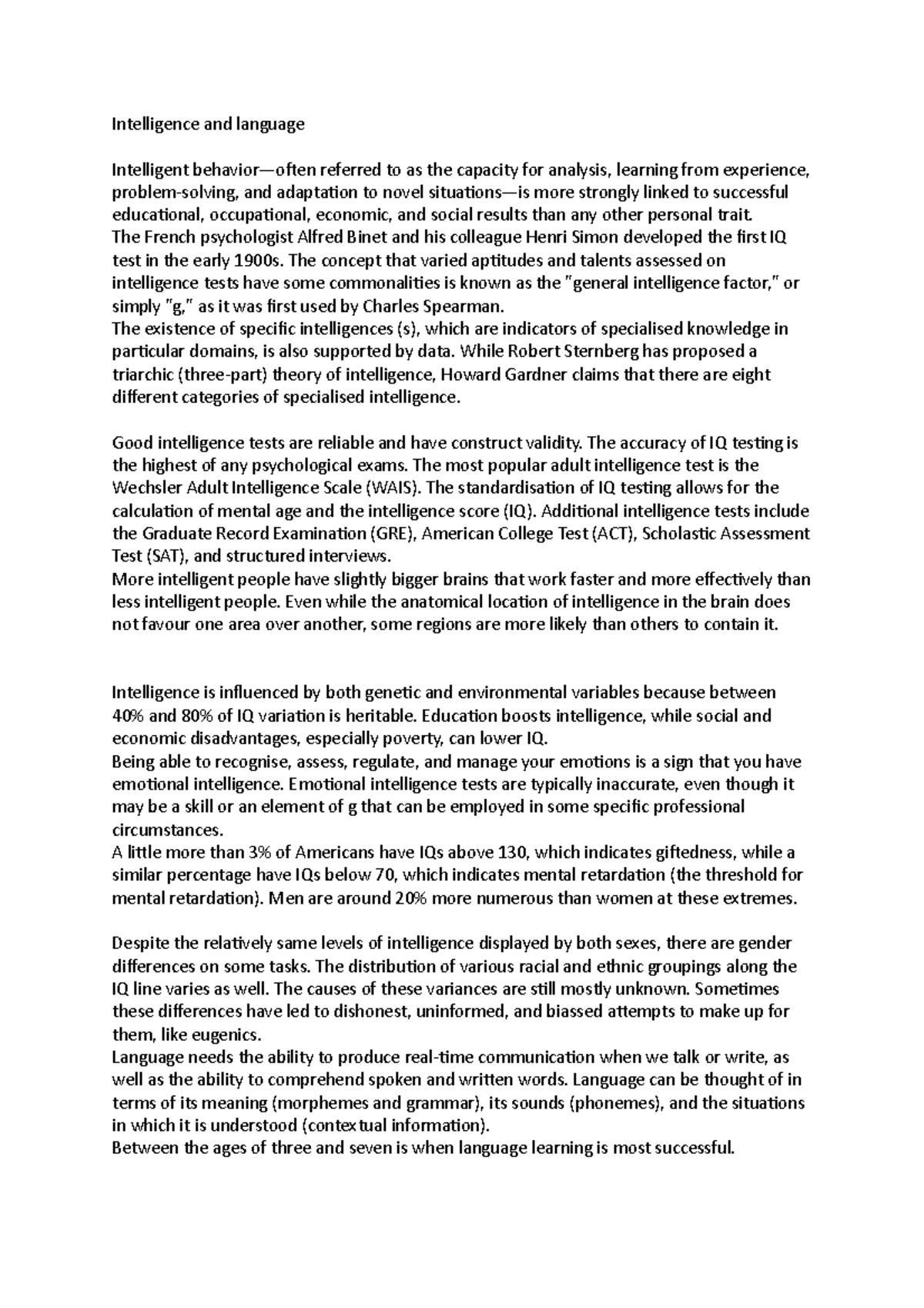 Language and intelligence 8 x2 - Intelligence and language Intelligent behavior—often referred ...