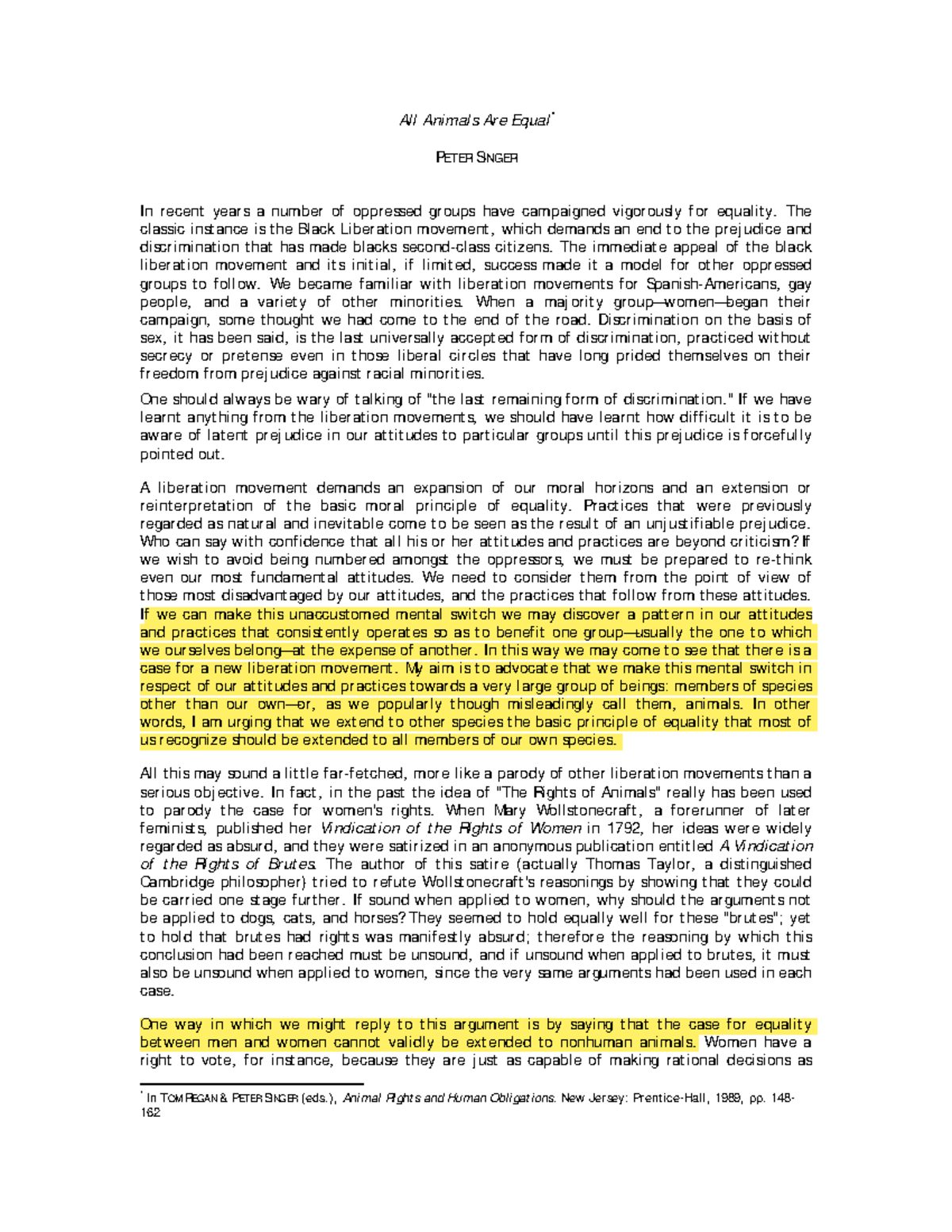 Singer - ge philosophy essay - All Animals Are Equal* PETER SINGER In ...