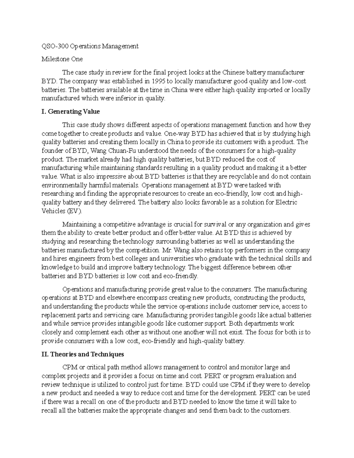 Milestone - QSO-300 Operations Management Milestone One The case study ...