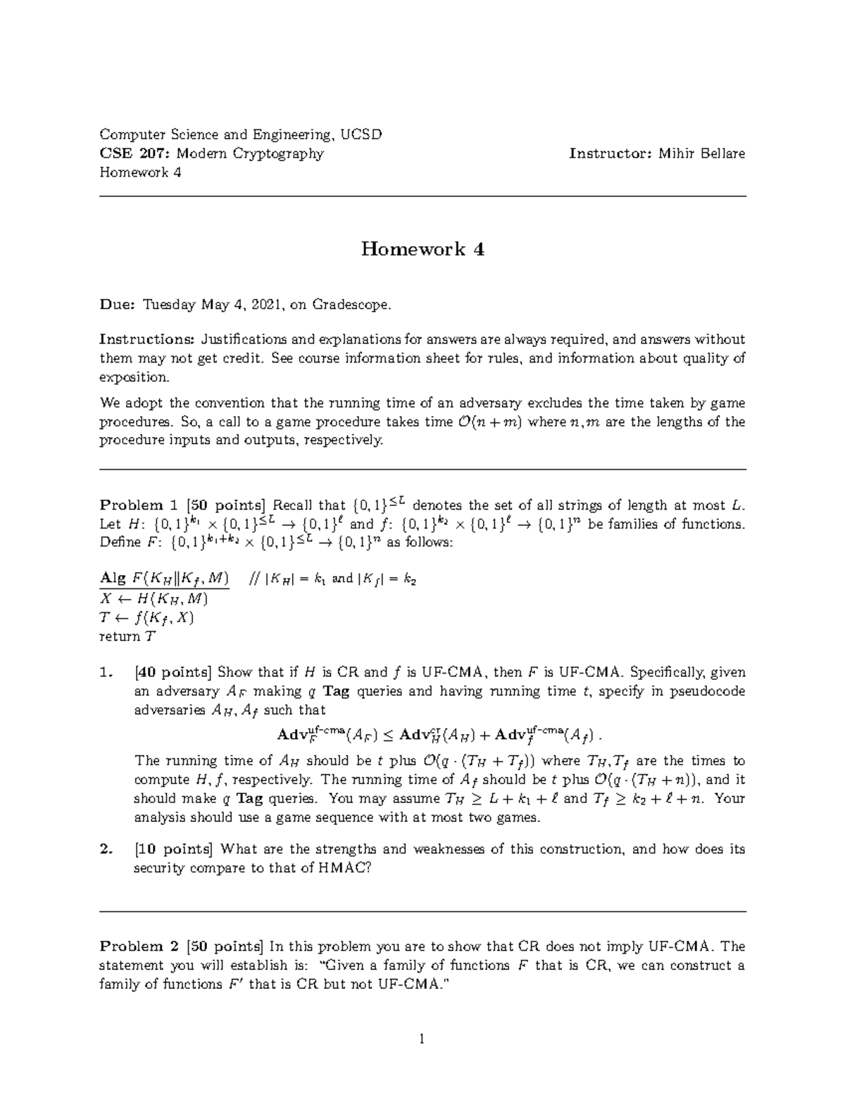 CSE207 Homework 4 - Computer Science and Engineering, UCSD Sp CSE 207: Modern Cryptography - Studocu