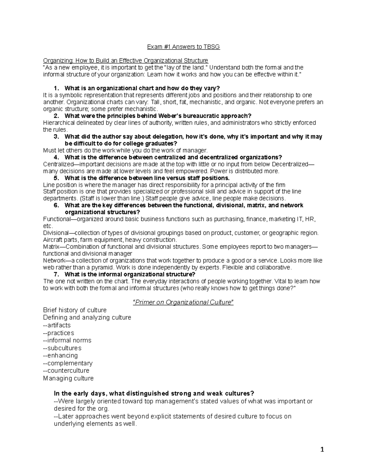 textbook question answers - Exam #1 Answers to TBSG Organizing: How to ...