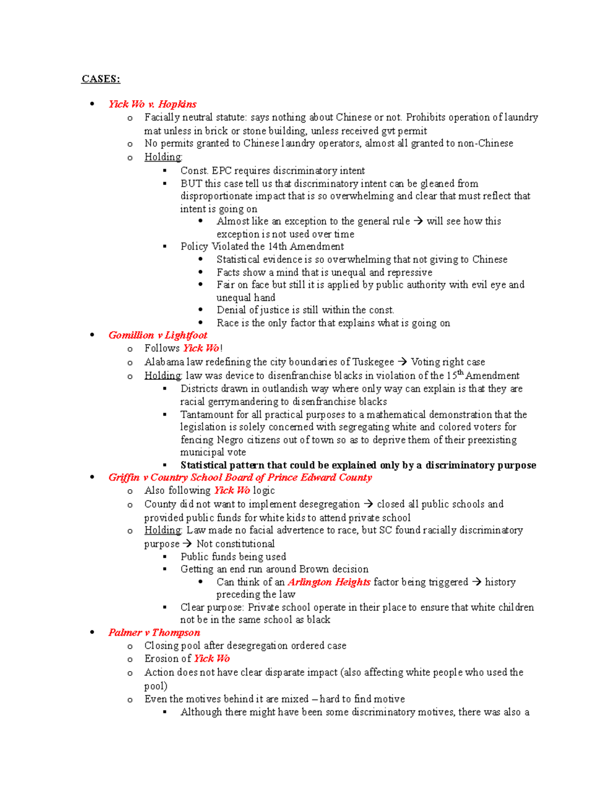 Constitutional Law Outline - 1 - CASES: Yick Wo v. Hopkins o Facially ...