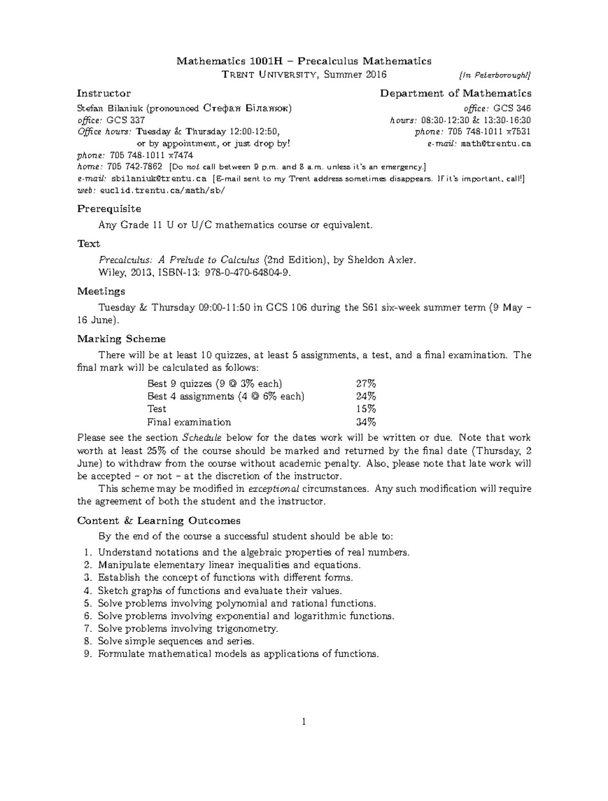MATH1001H- class outline - Mathematics 1001H – Precalculus Mathematics ...