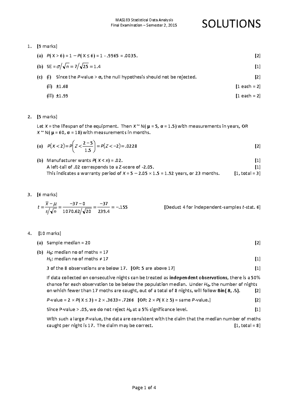 Exam 2015, Semester 2 answers - MAS183 Statistical Data Analysis Final Examination – Semester 2 ...