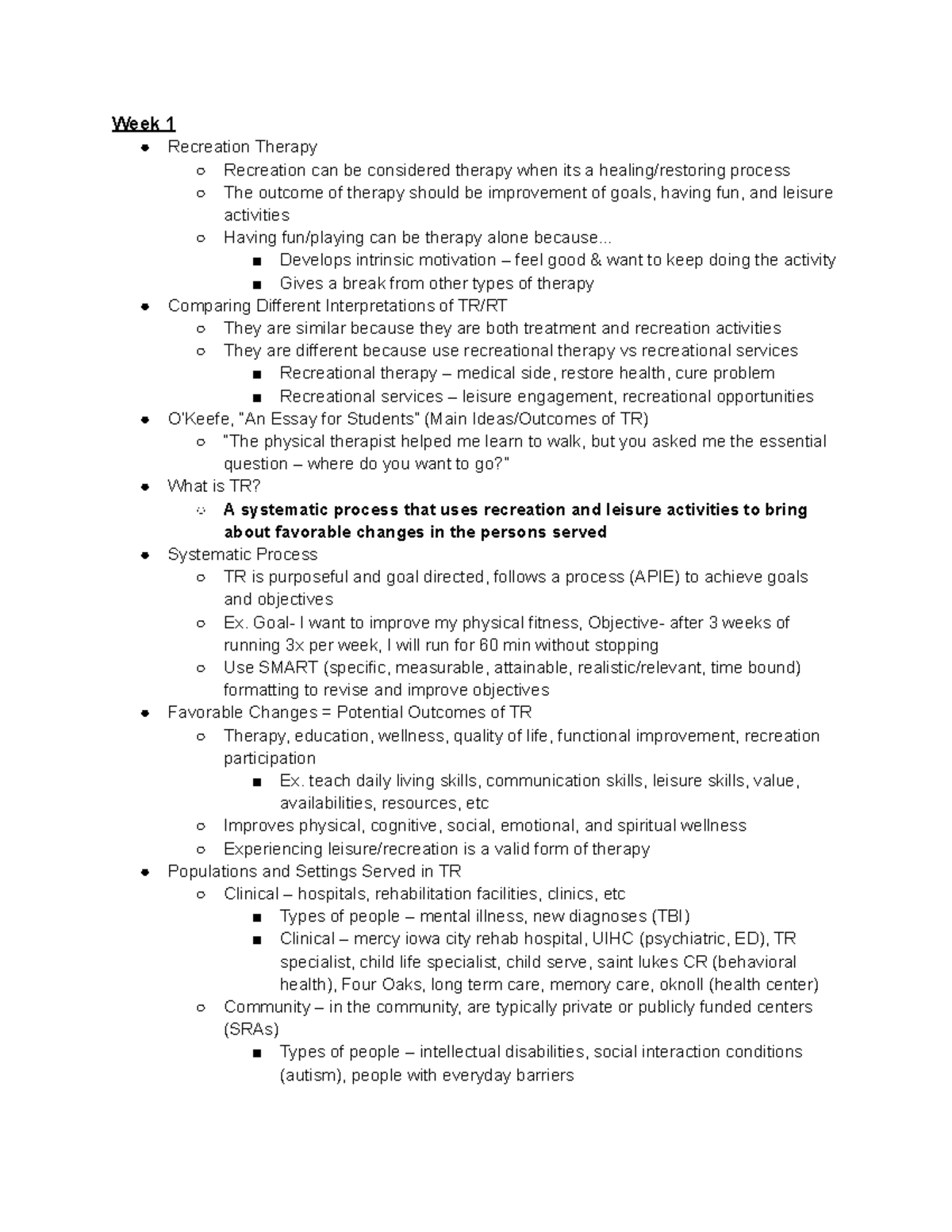 Intro to TR Midterm Lecture Notes - Week 1 Recreation Therapy ...