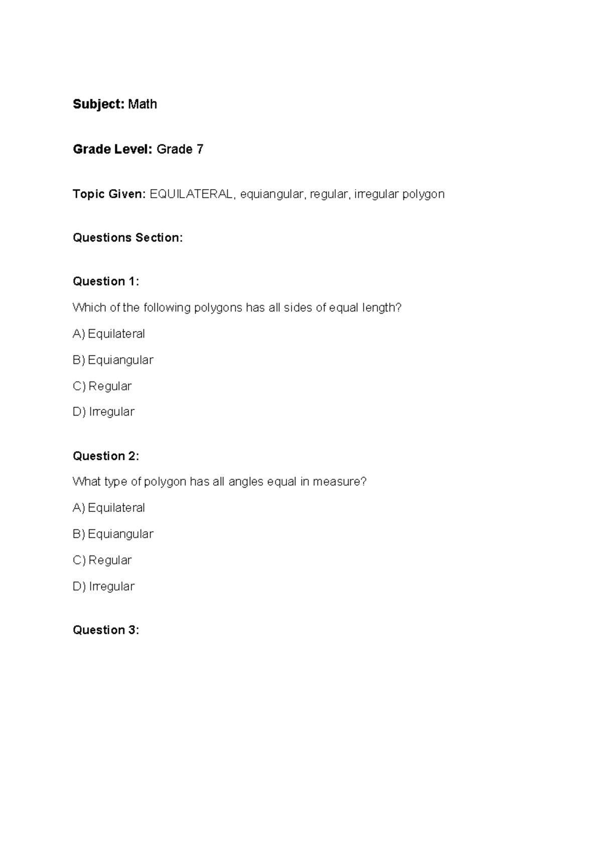 Quiz math - Short quiz - Subject: Math Grade Level: Grade 7 Topic Given ...