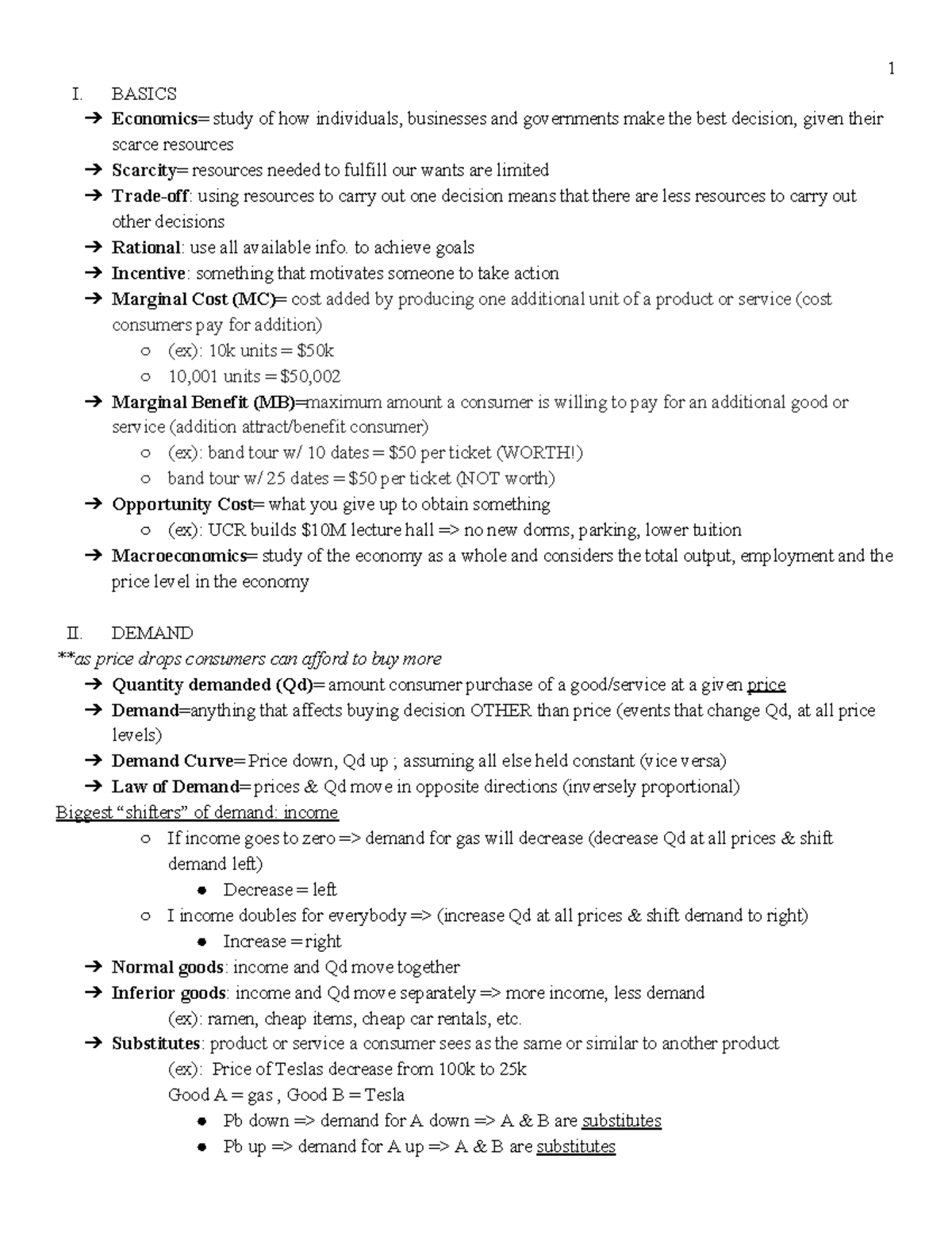 Econ2 midterm 1 - I. BASICS Economics = study of how individuals ...