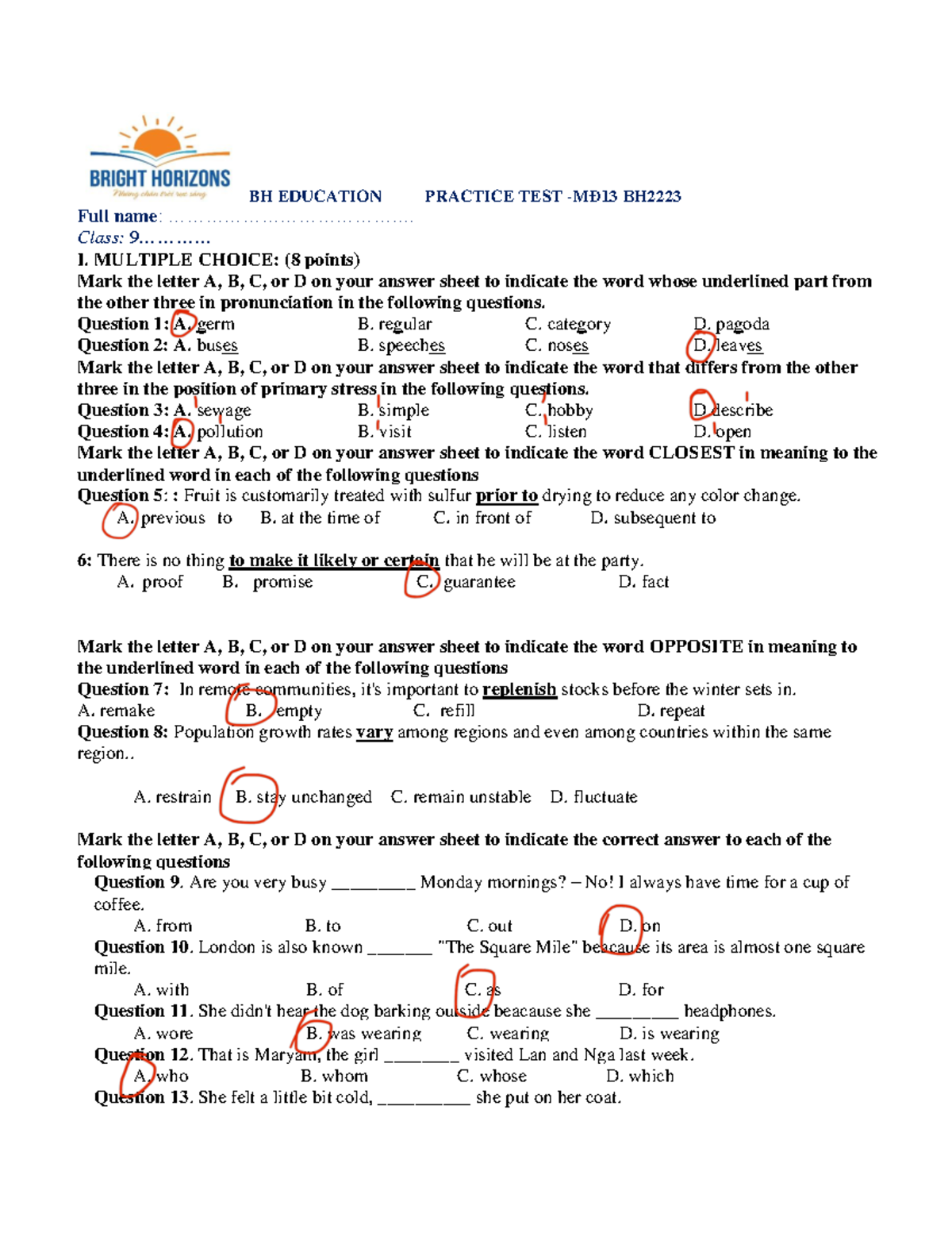 Practice TEST MĐ13 - BH2223 - BH EDUCATION PRACTICE TEST - MĐ13 BH Full ...