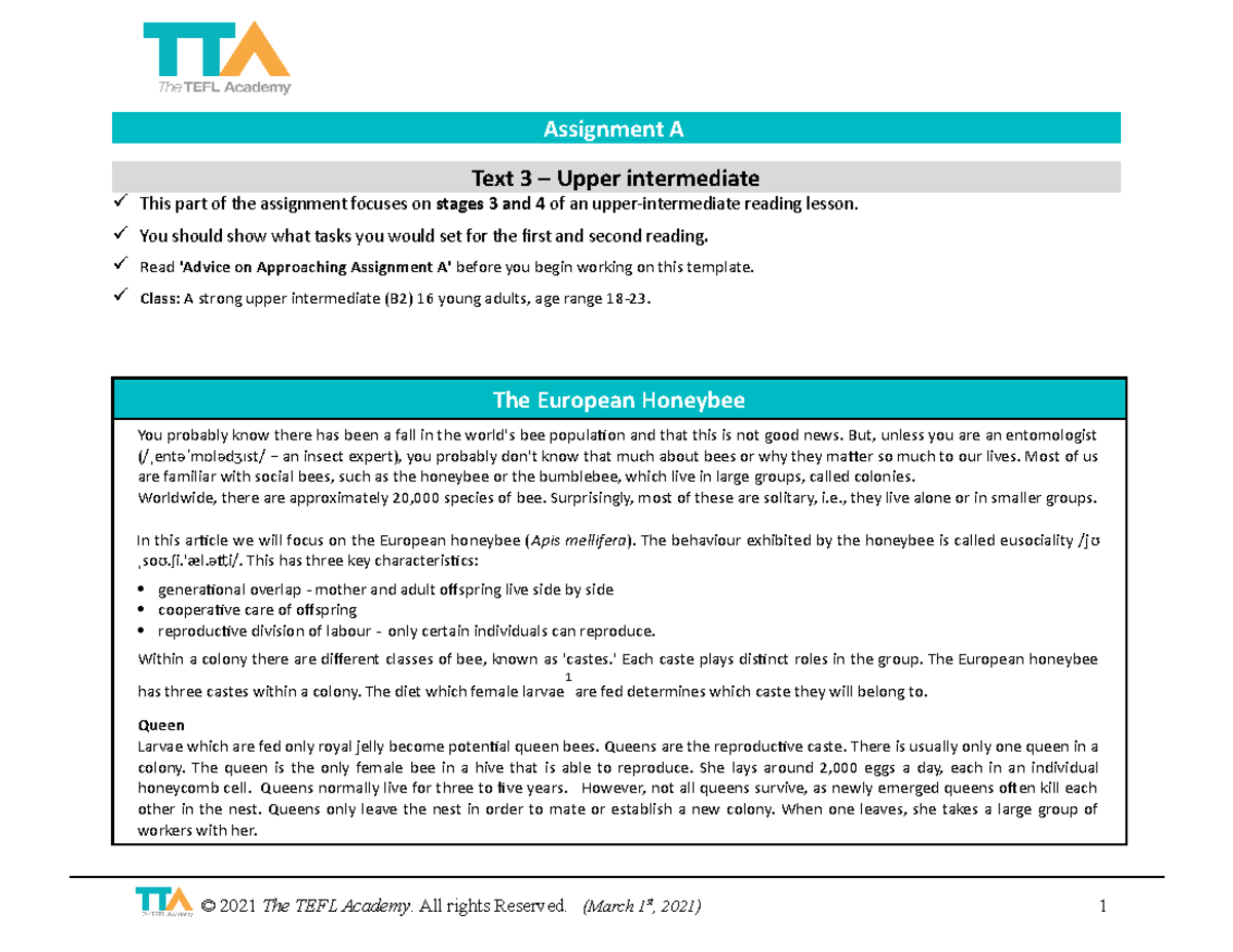 Text 3-Upper Intermediate - Assignment A Text 3 – Upper intermediate ...