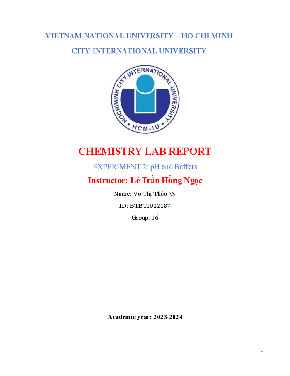 Report 2 - Chem Lab - this material is for chem lab - VIETNAM NATIONAL ...