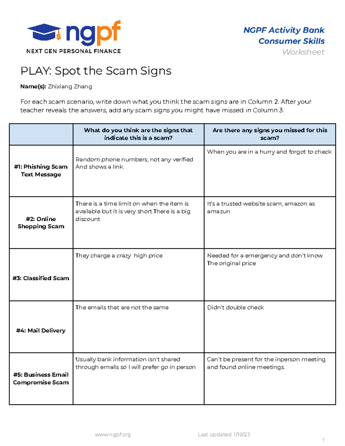 Copy of Copy of PLAY Spot the Scam Signs - Student Worksheet - NGPF ...