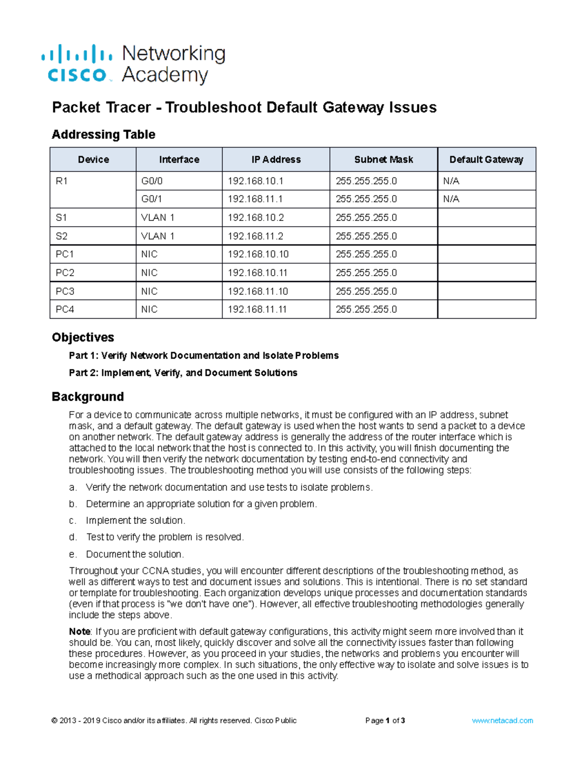 5Packet Tracer - Troubleshoot Default Gateway Issues - Packet Tracer - Troubleshoot Default ...