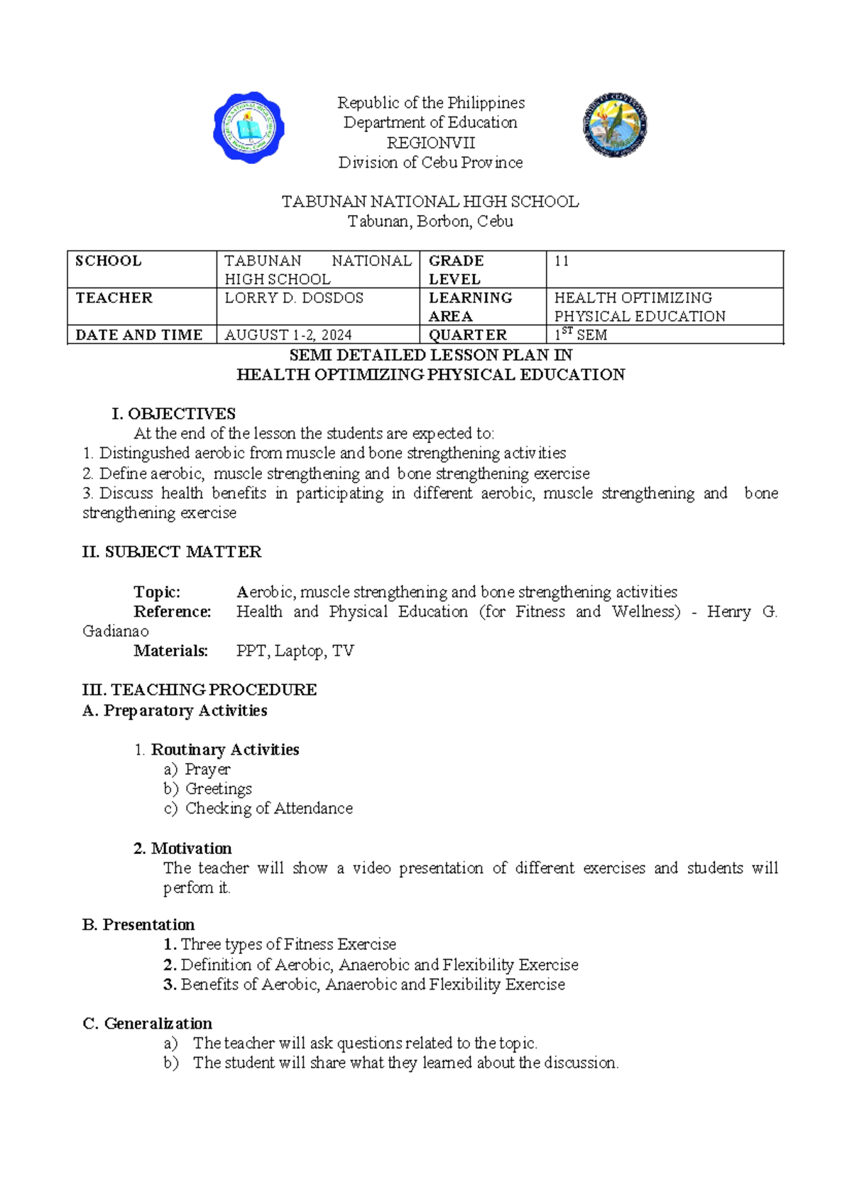 1 PE LP - study purposes - Republic of the Philippines Department of ...