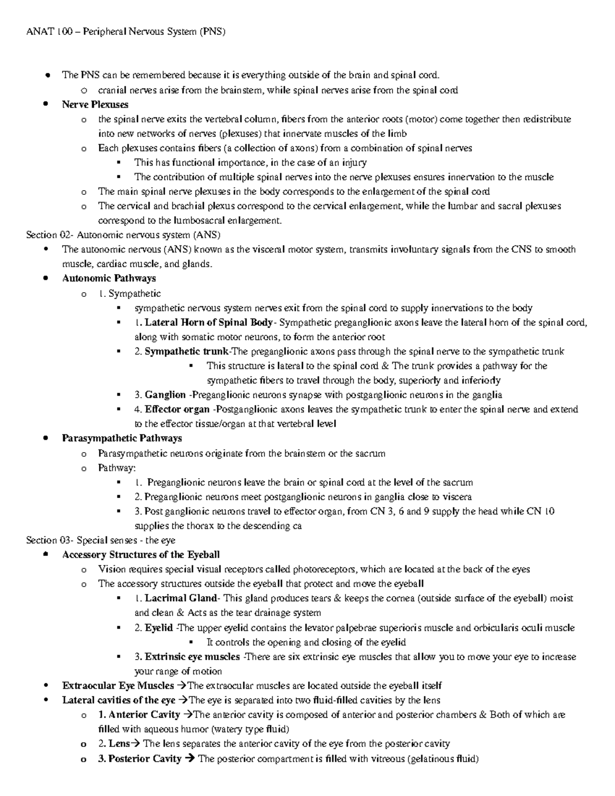 ANAT100PNS - Lecture notes 6 - ANAT 100 – Peripheral Nervous System ...