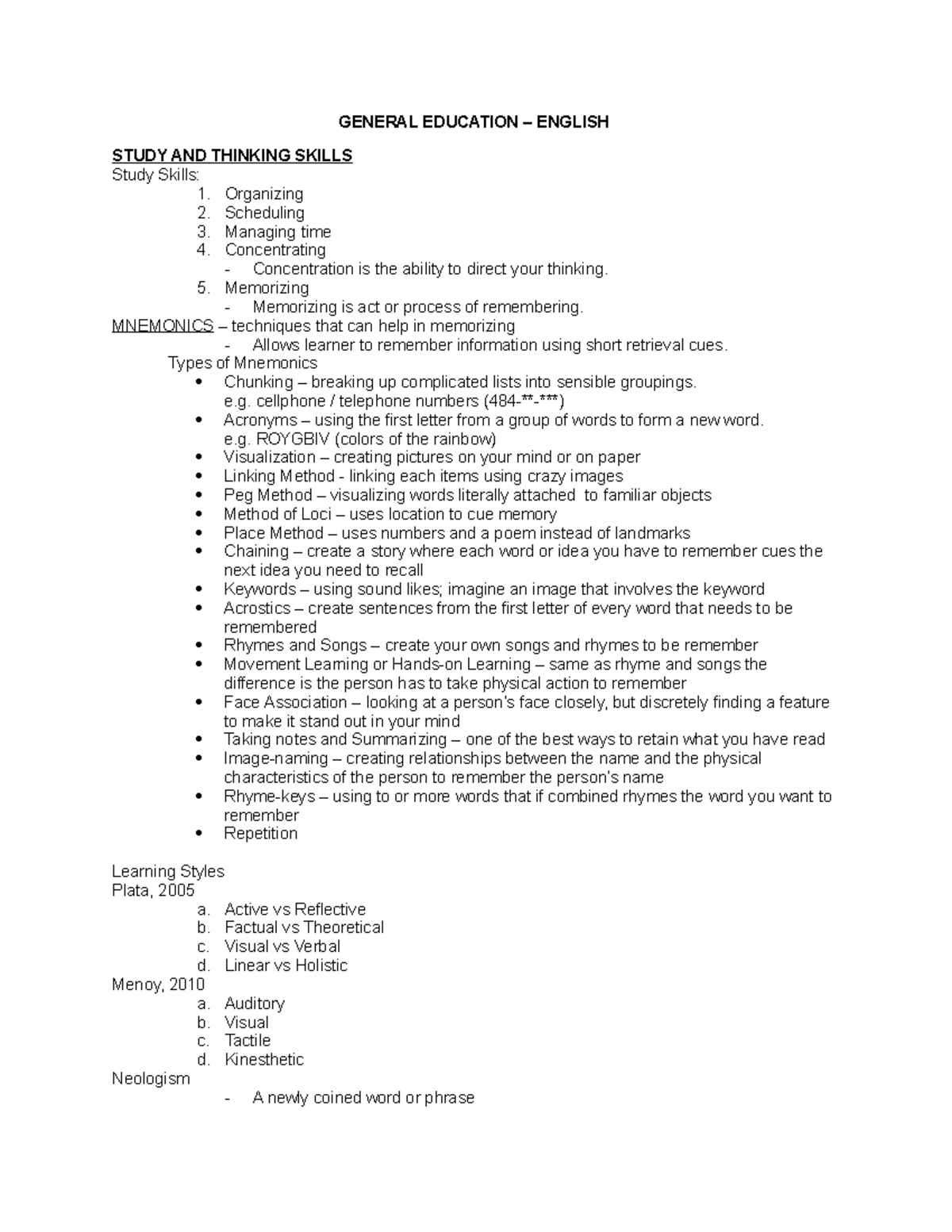Final Notes General Education English - GENERAL EDUCATION – ENGLISH ...