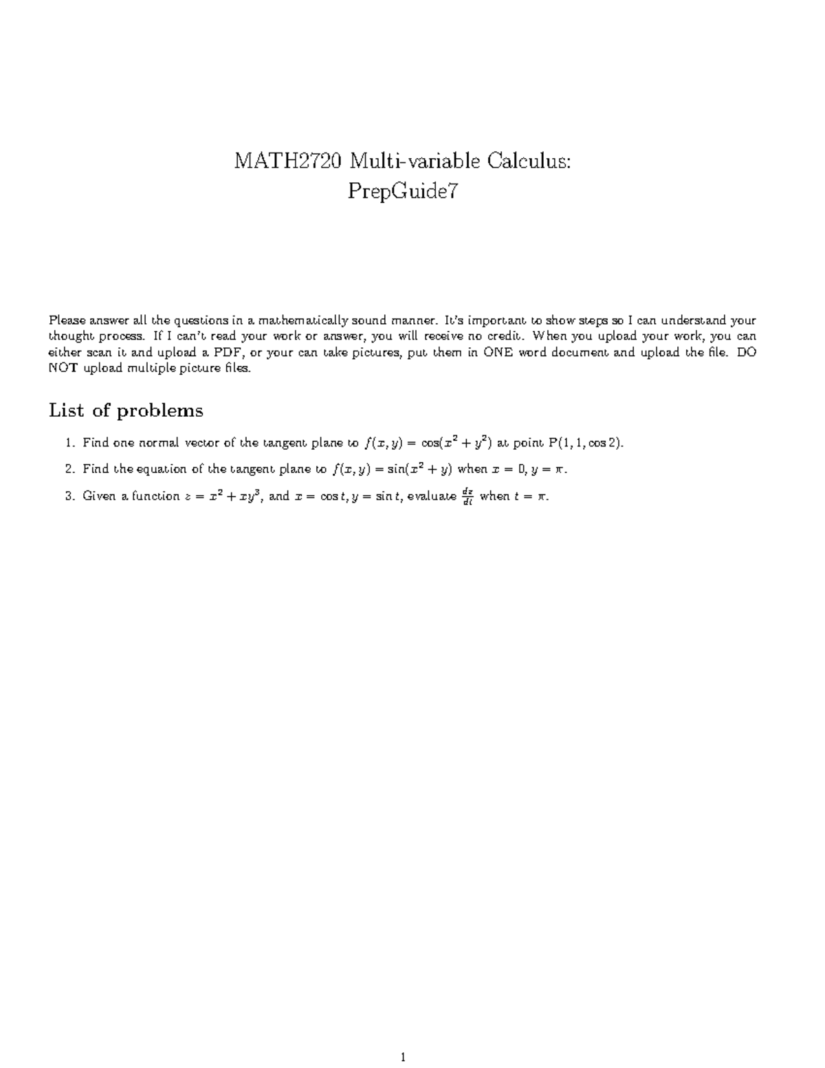 2021 Fmath 2720 Prep Guide 7 - MATH2720 Multi-variable Calculus: PrepGuide Please answer all the ...