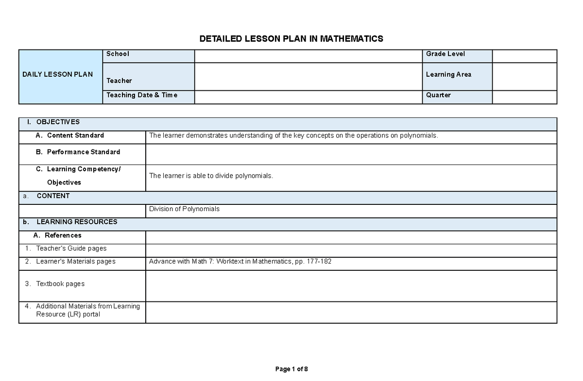 DLP math - hahaajaja - DETAILED LESSON PLAN IN MATHEMATICS DAILY LESSON ...
