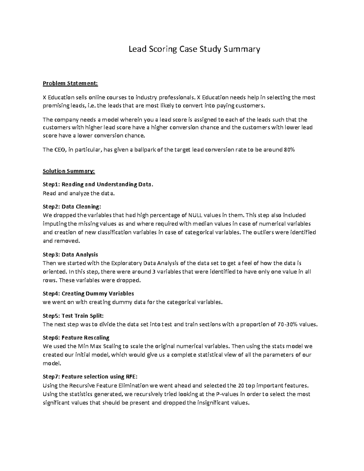 Lead Score Case Study Summary - Lead Scoring Case Study Summary Problem ...
