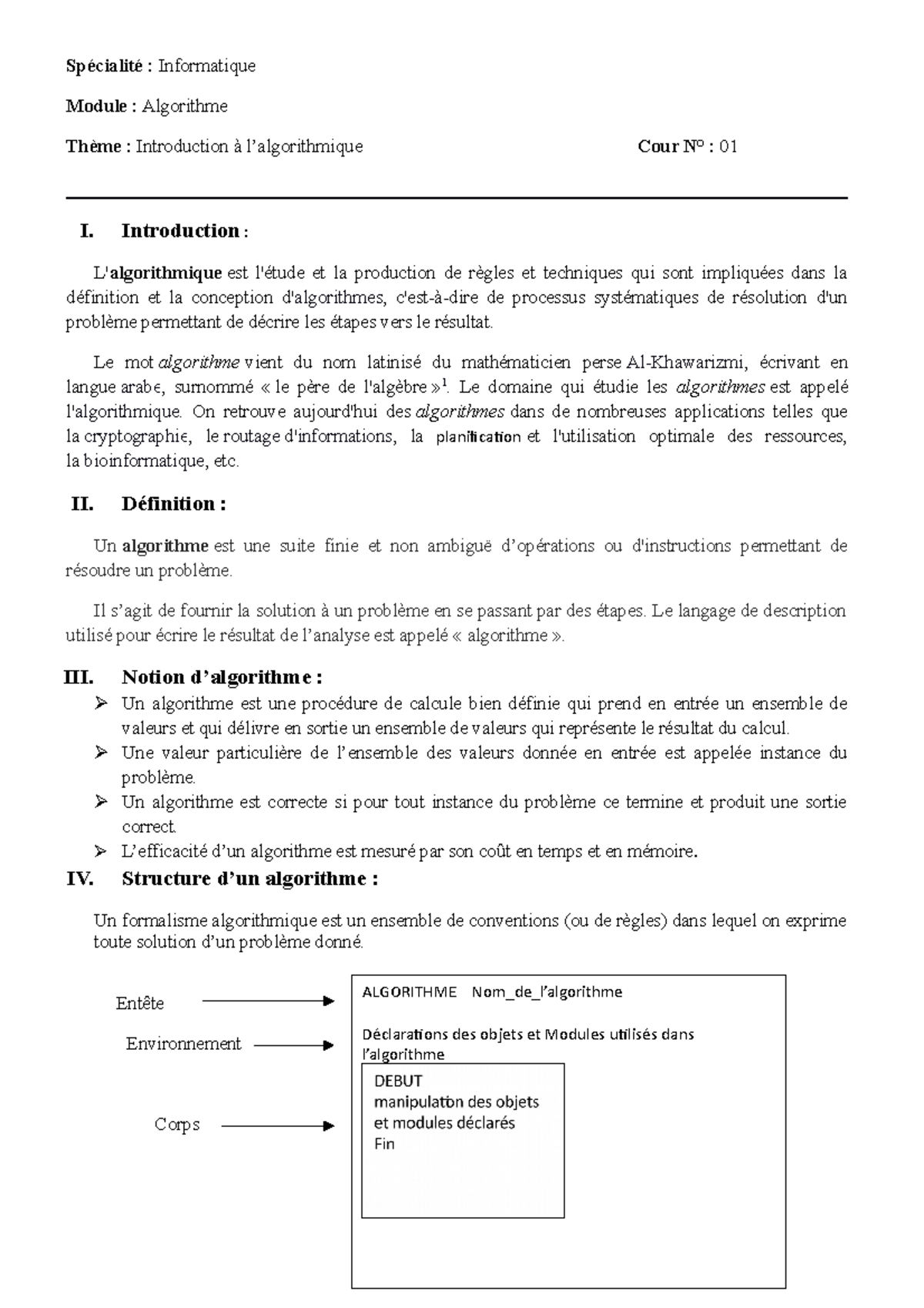 Algorithmique de l'enseignant - Spécialité : Informatique Module : Algorithme Thème ...