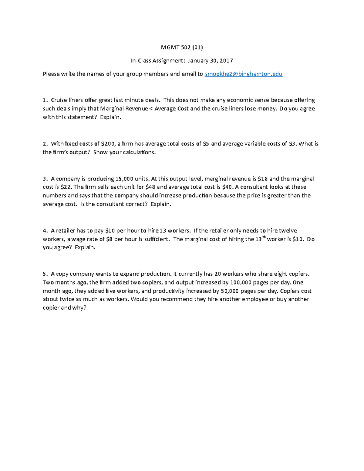 In-Class Assignment (Monday) - MGMT 502 (01) In-Class Assignment ...