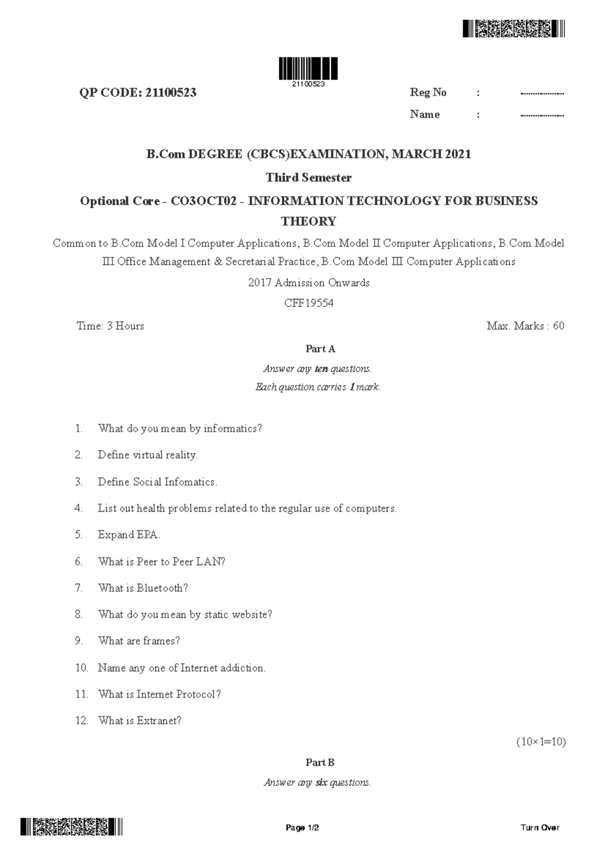 Information Technology FOR Business Theory 2021 - QP CODE: 21100523 Reg ...