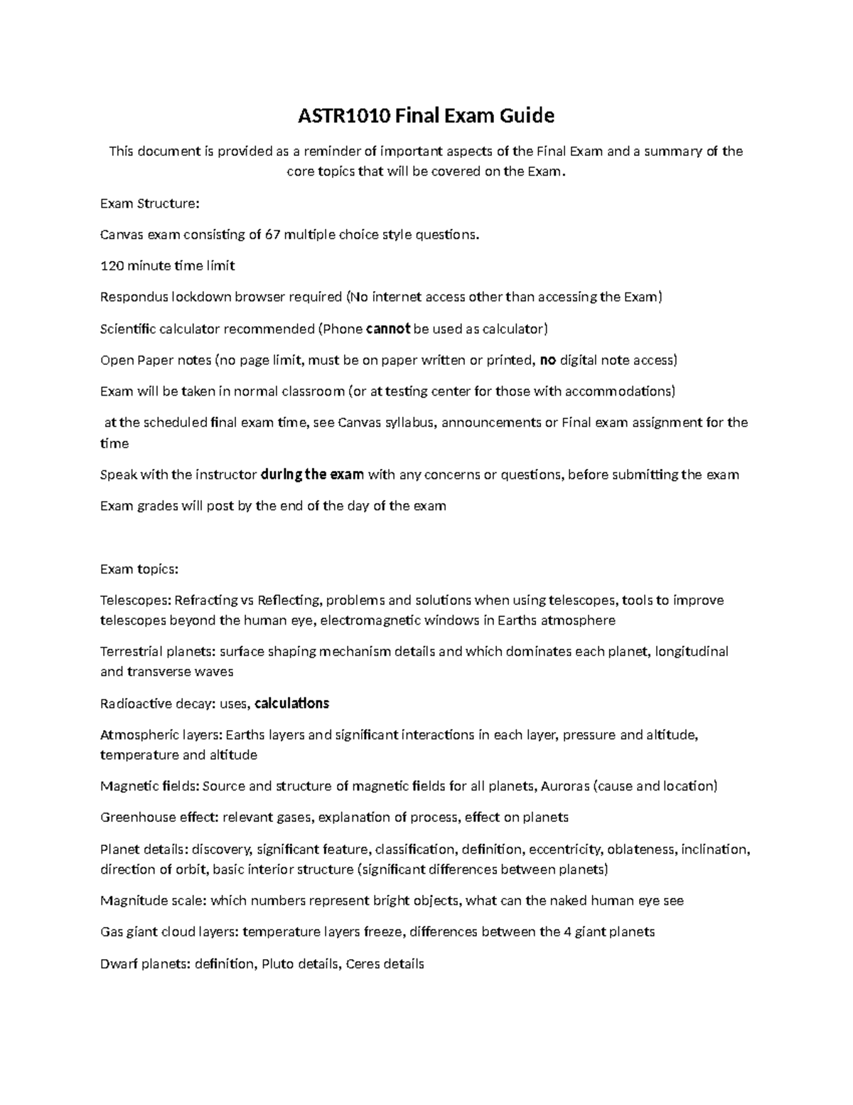 Final Exam Guide ASTR 101 0F23 - ASTR1010 Final Exam Guide This ...