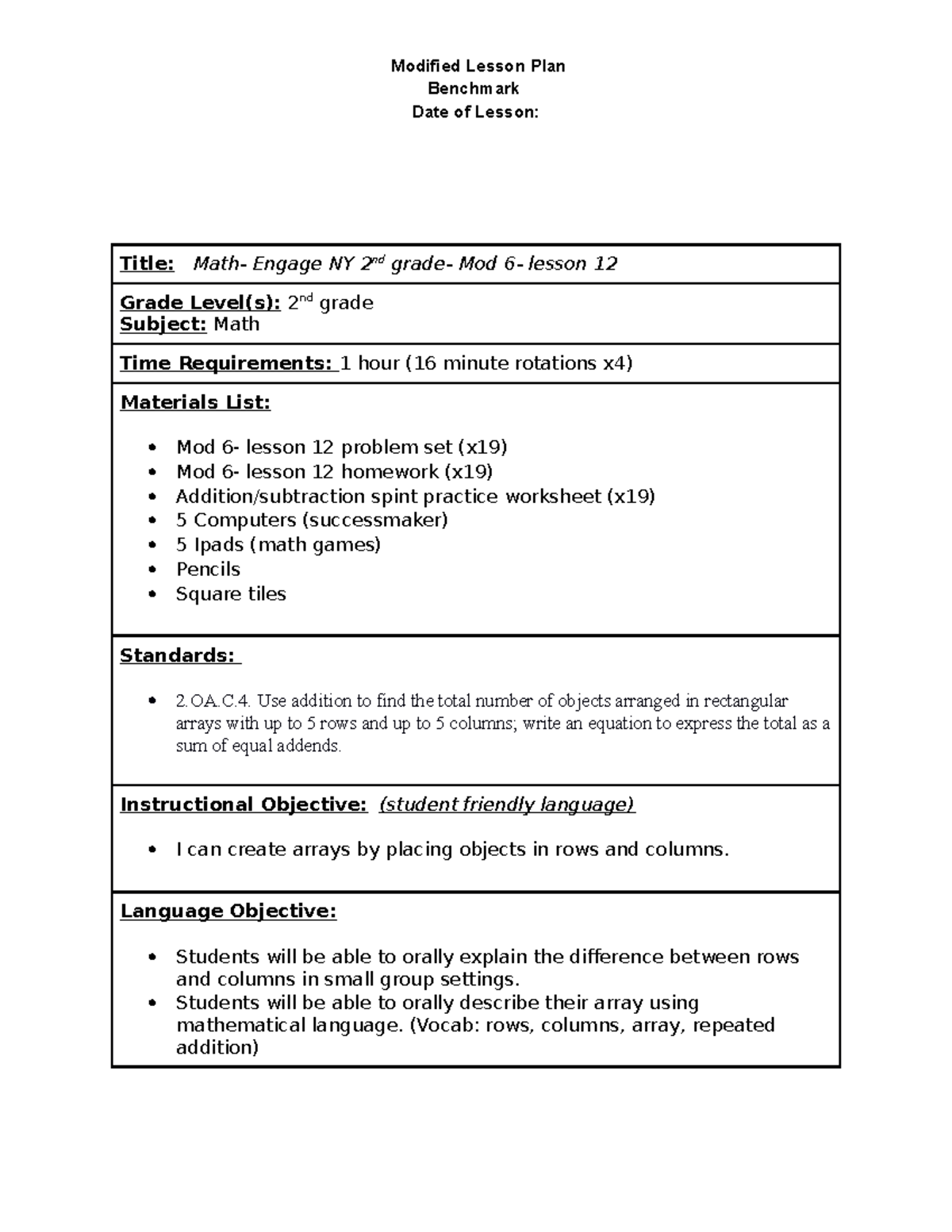 344465482 math array m2 l16 - Modified Lesson Plan Benchmark Date of ...