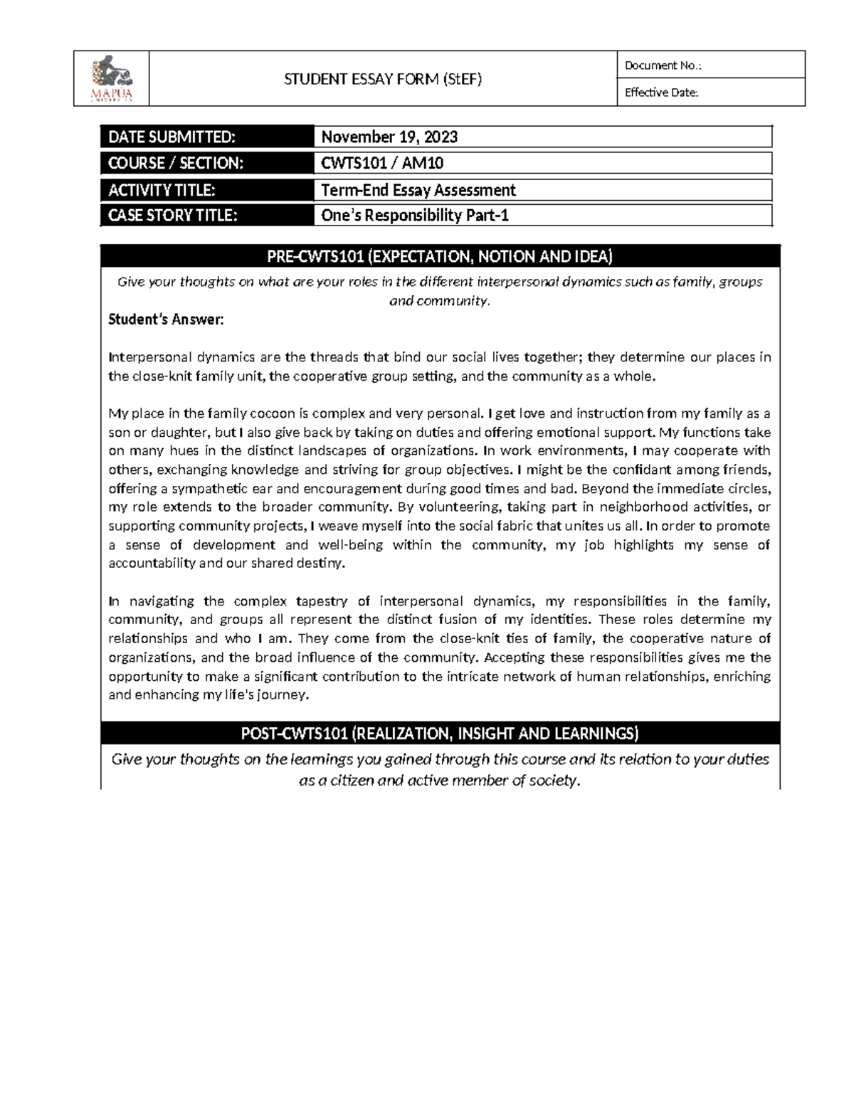 Termendessay 1 Mapua NSTP CTWS - STUDENT ESSAY FORM (StEF) Document No ...