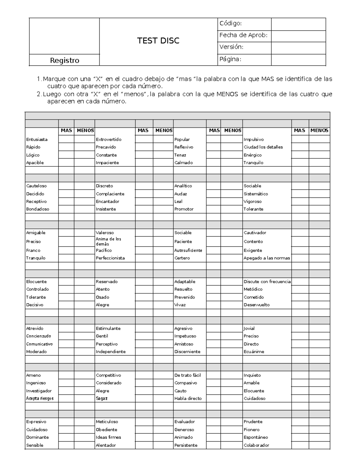 Test Disc - TEST DISC Código: Fecha de Aprob: Versión: Registro Página ...