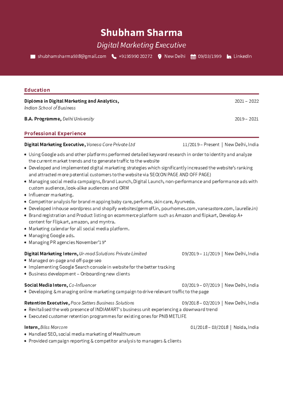 Shubham Sharma Resume 01-11-2022-14-45-48 - Shubham Sharma Digital Marketing Executive - Studocu