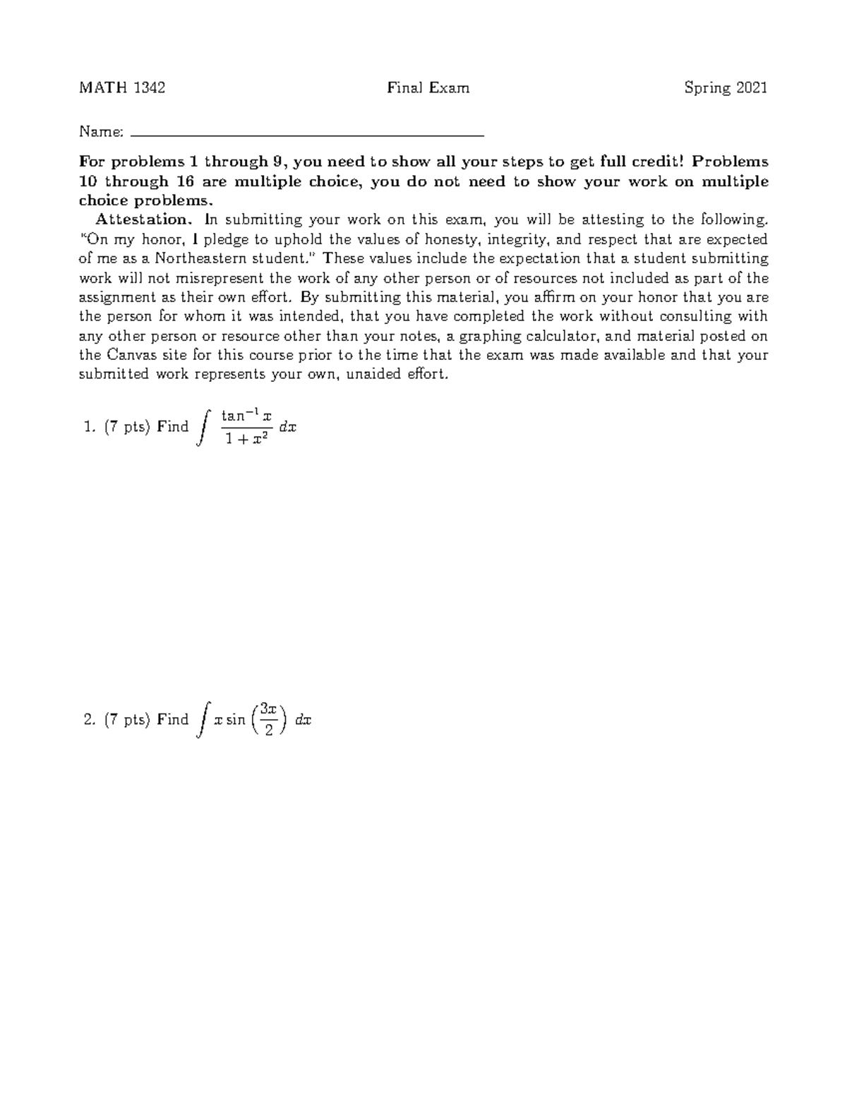 1342- Final Spring-2021 - MATH 1342 Final Exam Spring 2021 Name: For ...