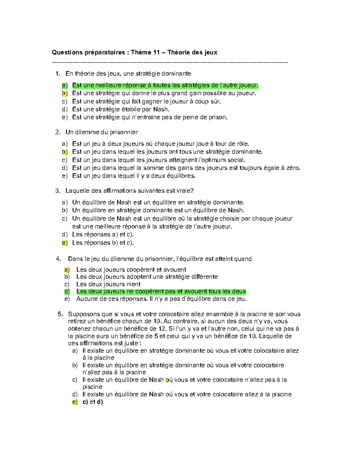 QCM - Thème 11 - Théorie des jeux - Questions préparatoires : Thème 11 ...