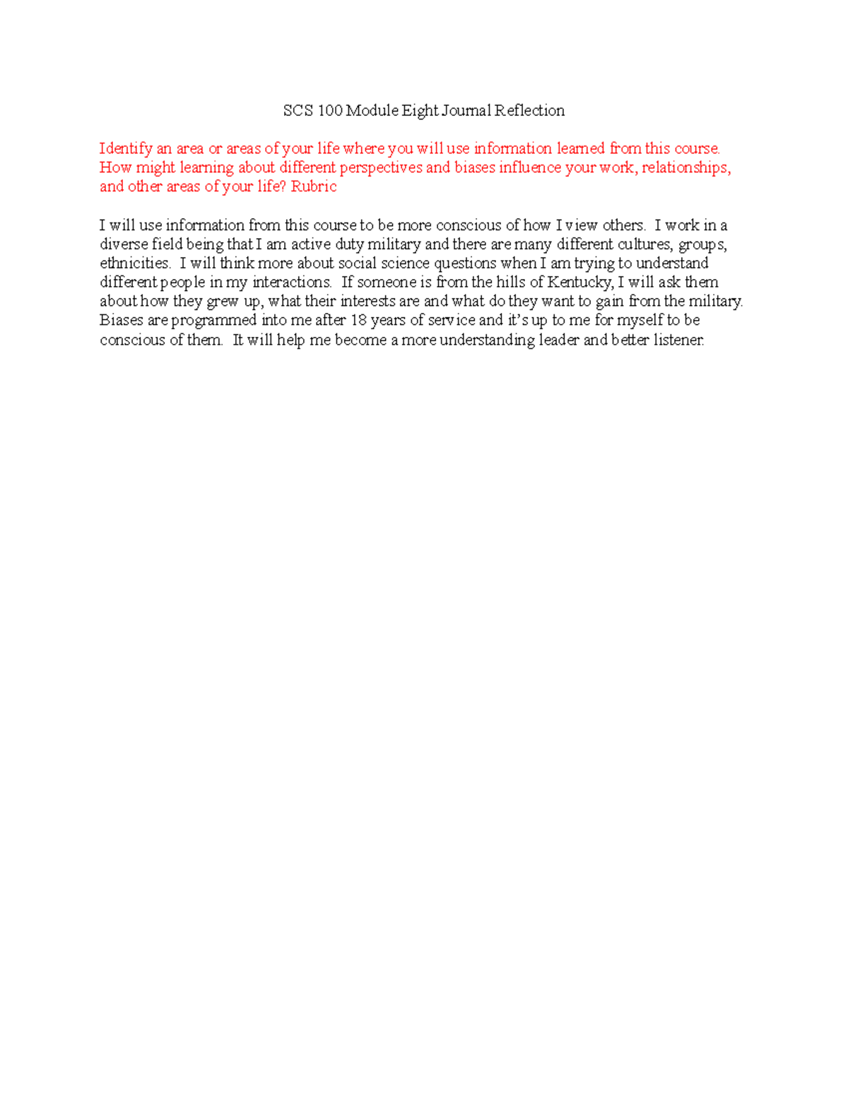 Week 8 reflection - SCS 100 Module Eight Journal Reflection Identify an ...