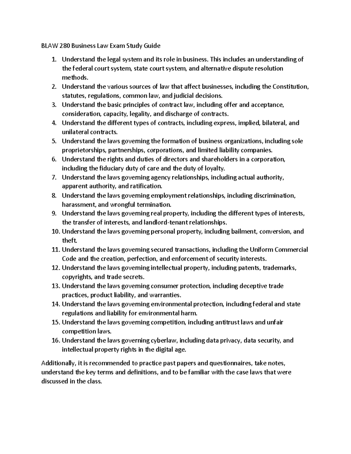 Document 9 - Course of Blaw - BLAW 280 Business Law Exam Study Guide ...