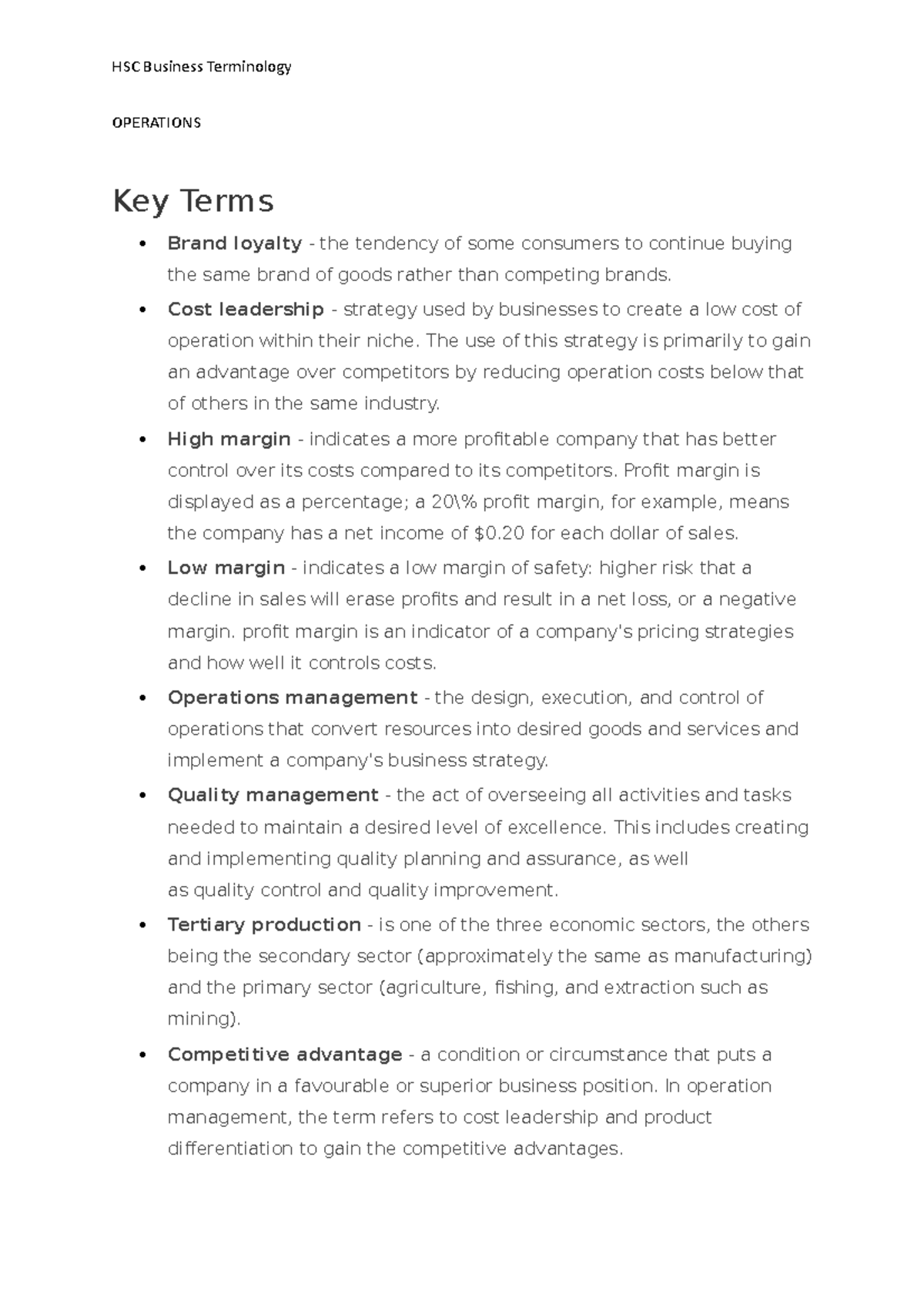 HSC Business Terminology - HSC Business Terminology OPERATIONS Key ...