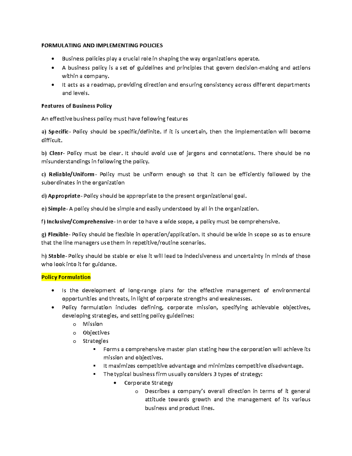 G1- Detailed notes - FORMULATING AND IMPLEMENTING POLICIES Business ...