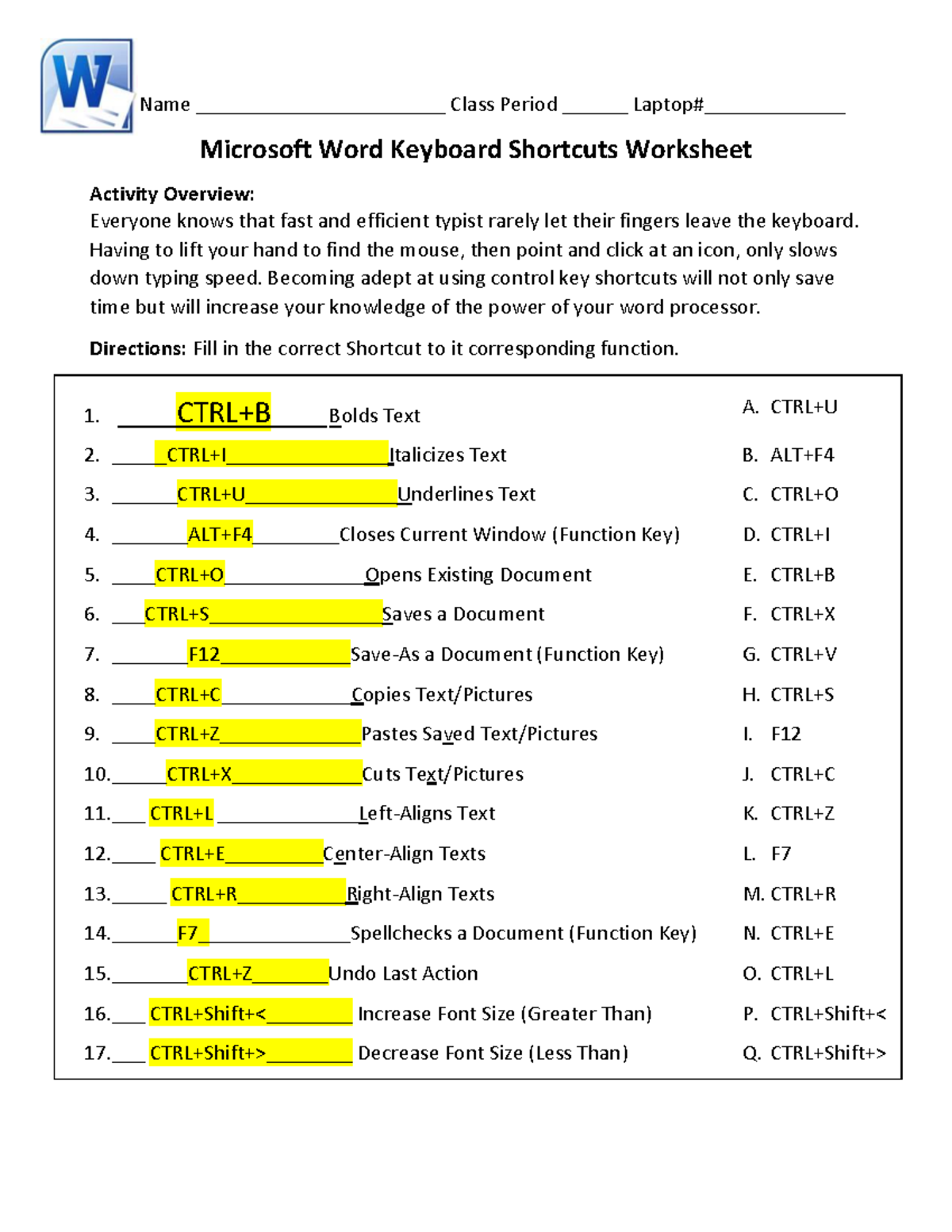 Microsoft Word Basic Keyboard Shortcuts Worksheet-1 - Name ...