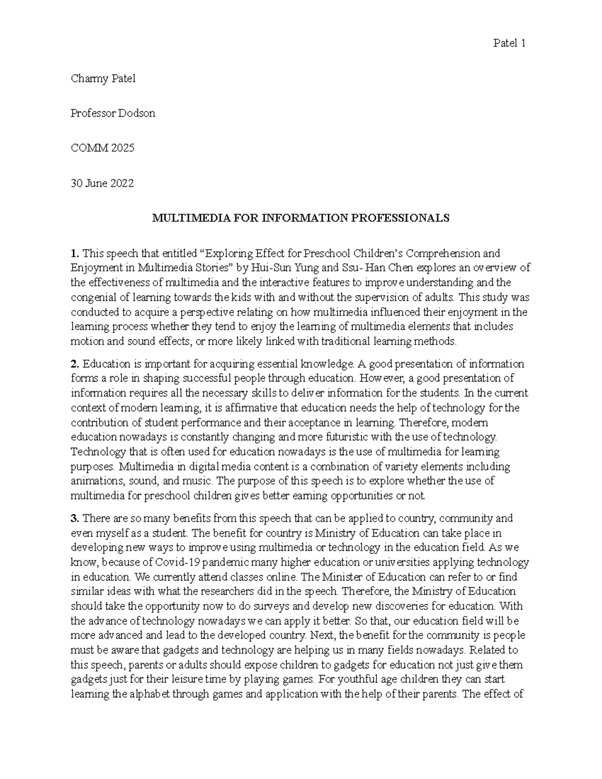 Latest-Professional Critique - Patel 1 Charmy Patel Professor Dodson ...