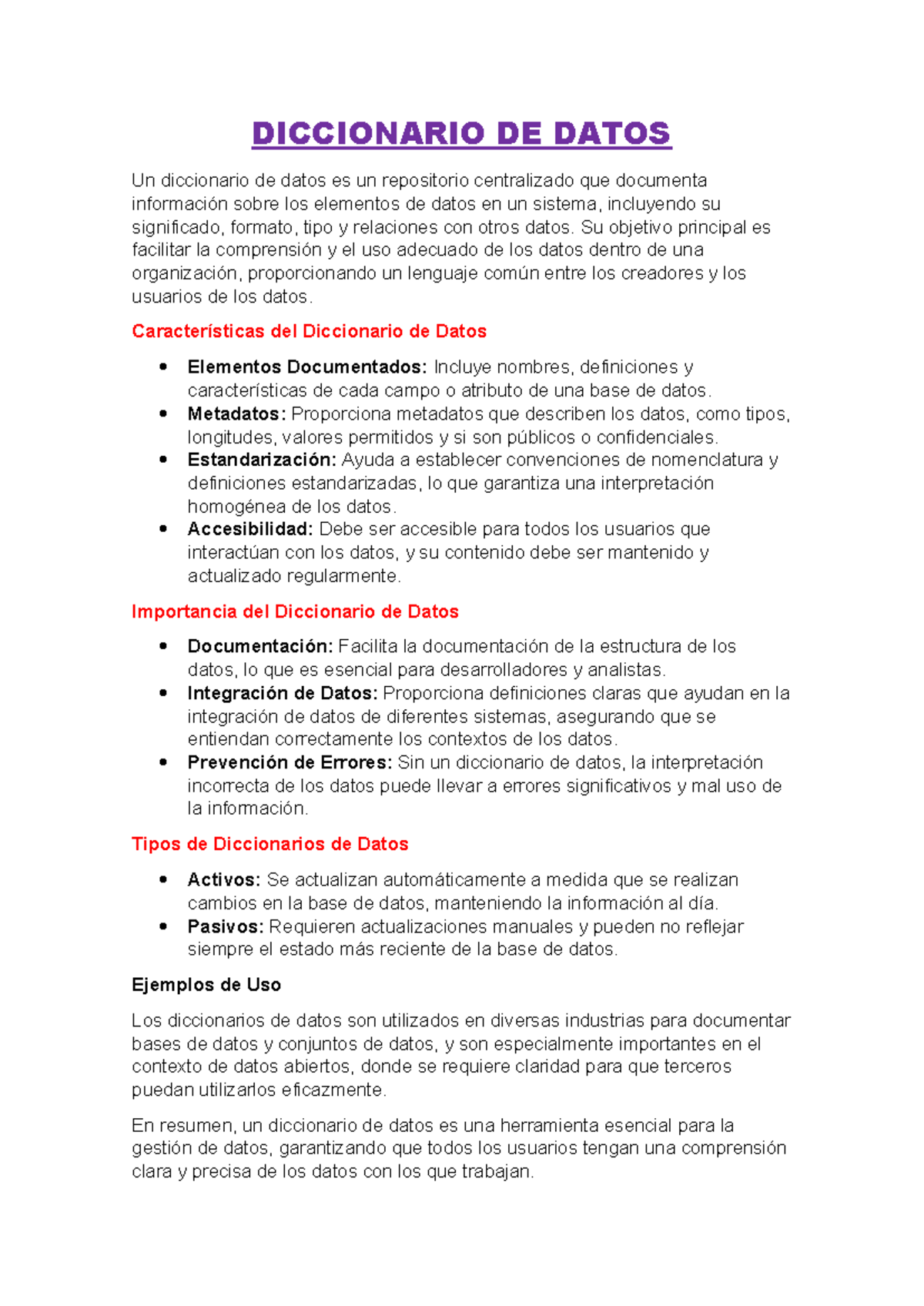 Diccionario DE Datos - requerimientos - DICCIONARIO DE DATOS Un ...