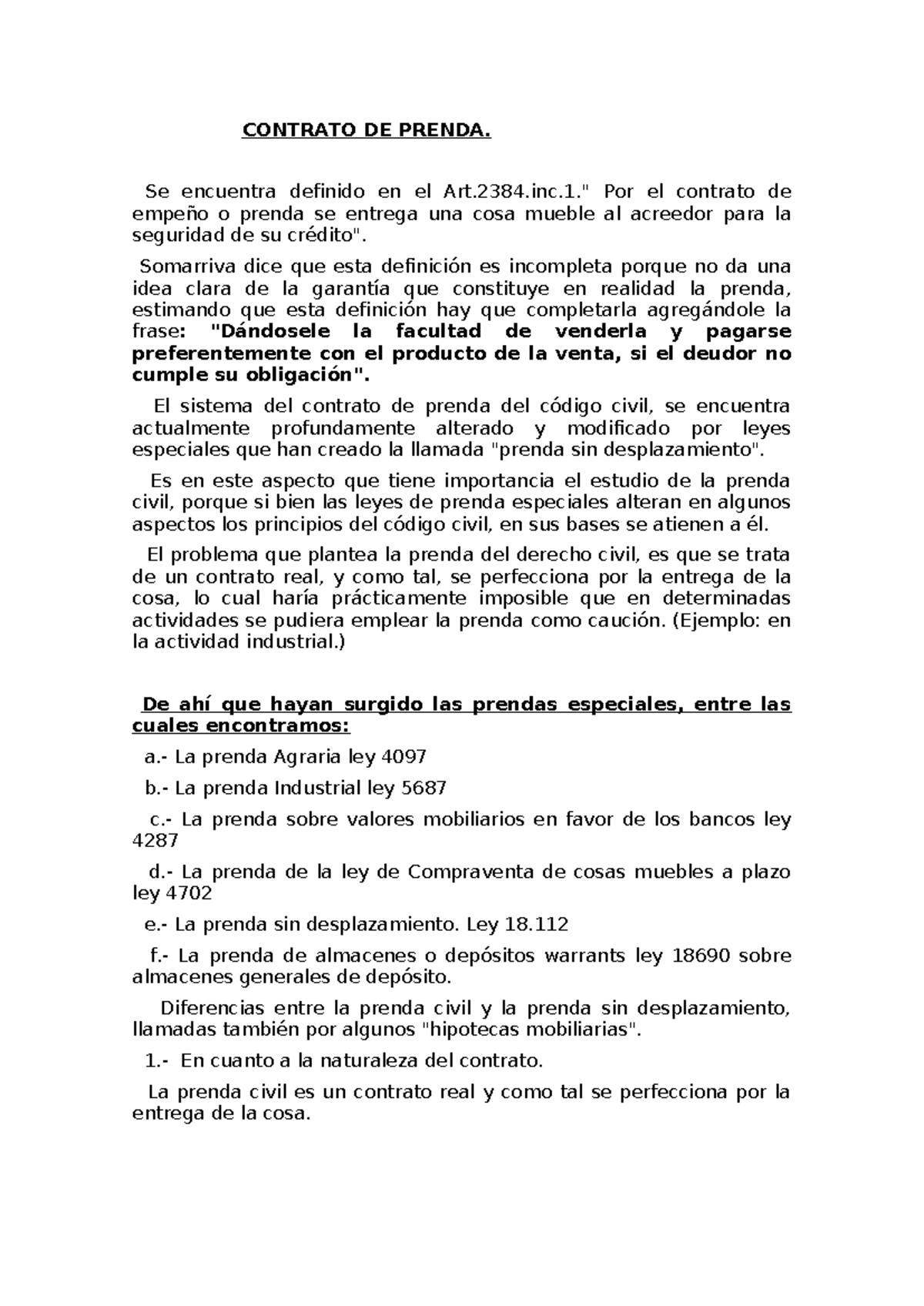 El contrato de prenda - CONTRATO DE PRENDA. Se encuentra definido en el Art.2384.inc." Por el ...