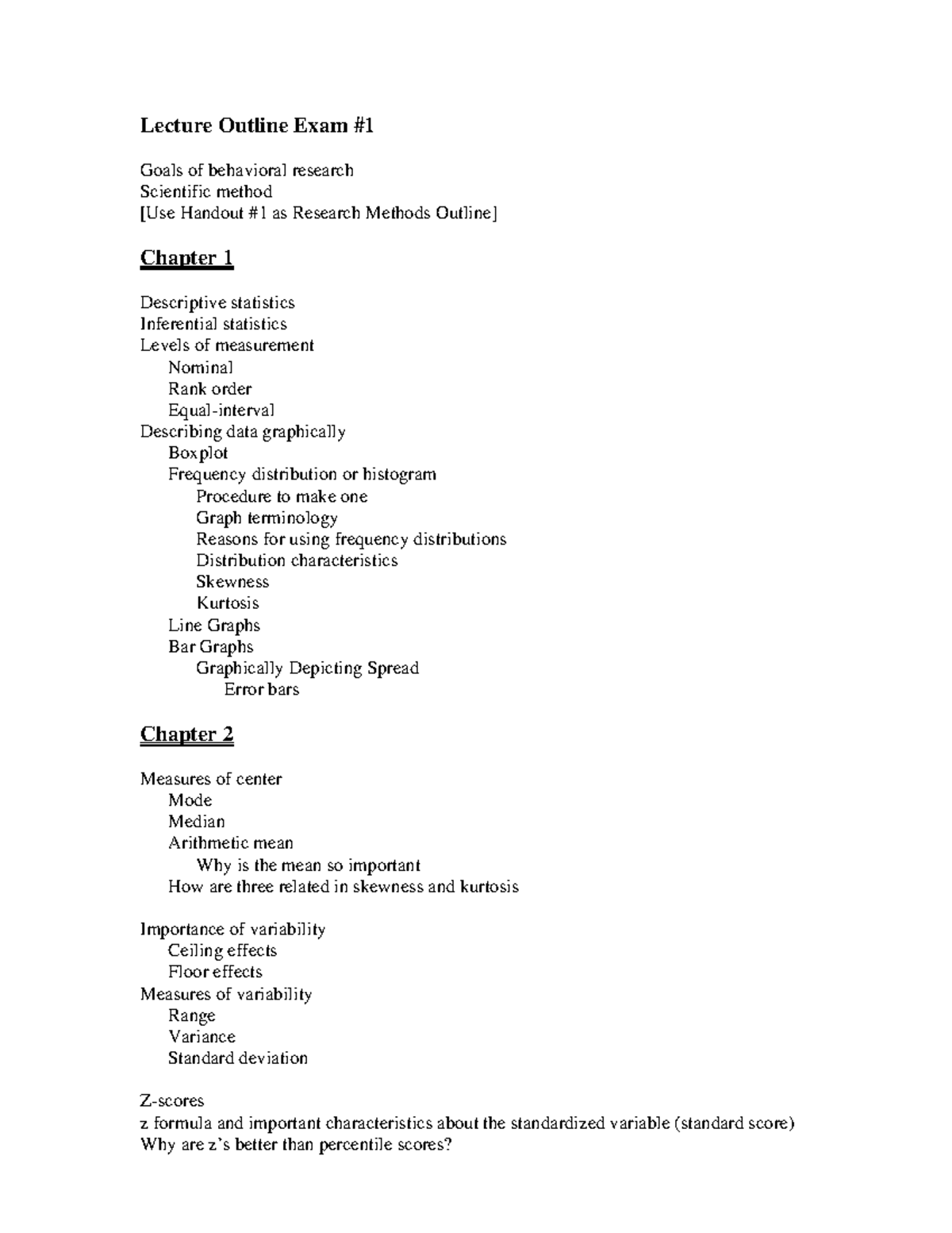 Lecture Outline Exam 1-1 - Lecture Outline Exam Goals of behavioral ...
