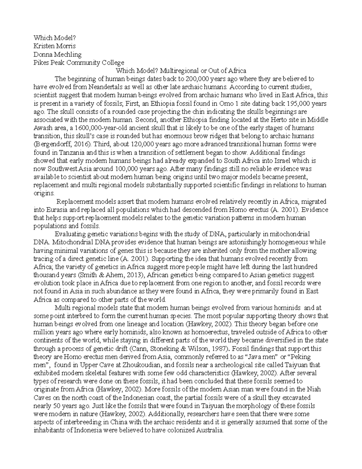 Bio Anthro Paper 5 - Grade: A - Which Model? Kristen Morris Donna ...