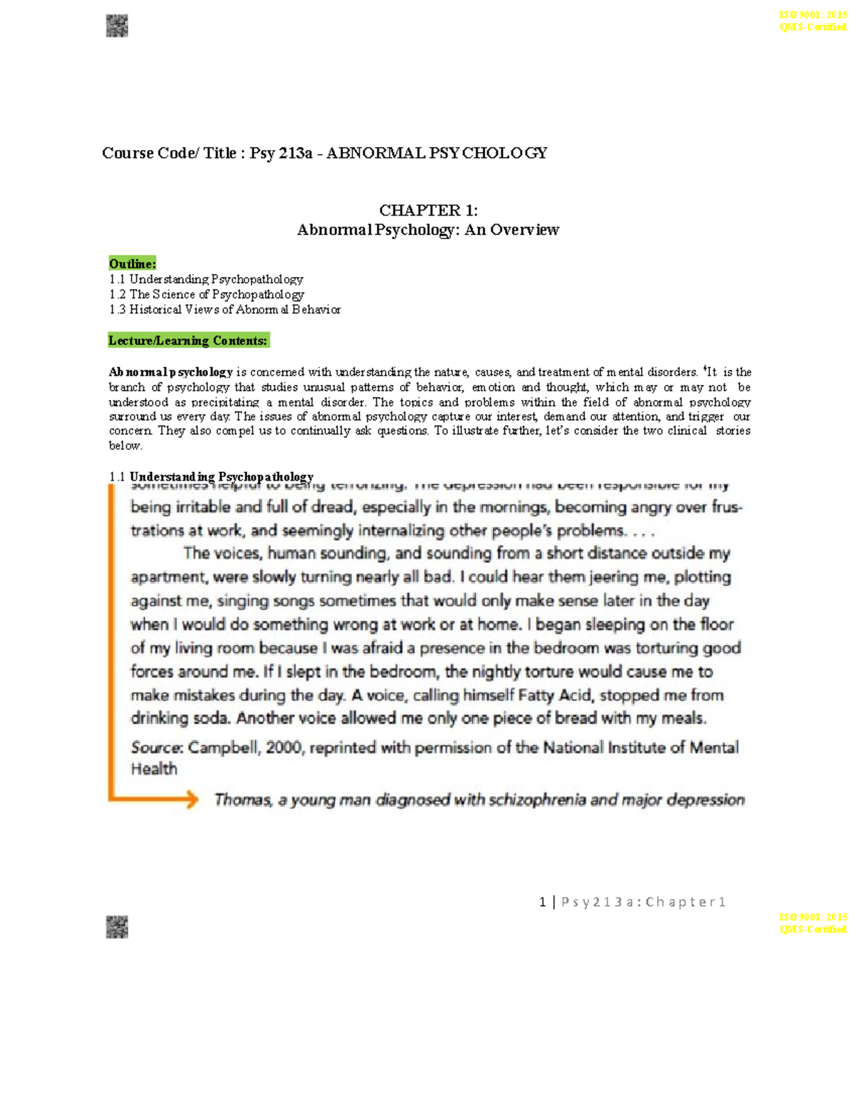 Chapter 1 Abnormal Psychology- An Overview - ISO 9001: 2015 QMS ...