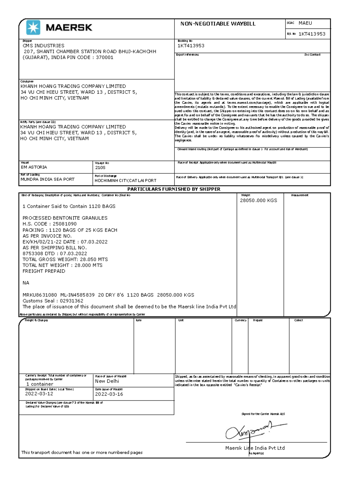 BL 1KT413953 - .................................... - NON-NEGOTIABLE ...